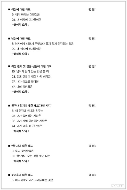심리검사 이해 : 제8장 SCT(문장완성 검사) ⇒ SSCT (SSCT 평점 기록지) : 네이버 블로그